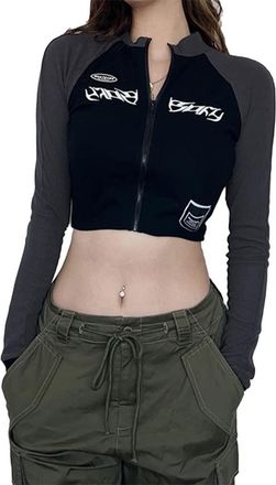 Onsoyours Damen Y2K Crop Top Sexy V-Ausschnitt Bauchfrei Langarm Slim Fit Strickpullover Vintage Langarmshirts Streetwear Oberteil mit Rei&szlig;verschluss A5 Schwarz