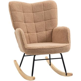 HOMCOM Fauteuil &agrave; bascule - HOMCOM - rev&ecirc;tement effet laine boucl&eacute;e - structure en acier - pieds en bois massif - marron