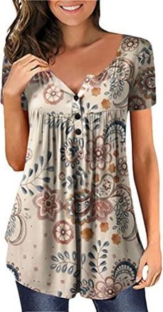 ORANDESIGNE Shirt Femme Fleurs Col en V été Casual Ample Grande Taille Manche Longue Tuniques Blouse Longue Chemisie Henri Hauts à Manches Courtes Tops Tee Shirt 