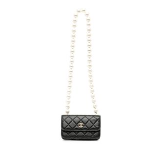 Chanel Black CC Lambskin About Pearls Card Holder On Chain