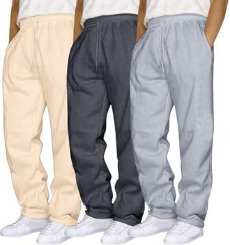 Generic Lot de 3 pantalons de jogging pour homme - Taille &eacute;lastique - Cordon de serrage - Jambe droite - Coupe ample - Uni, A- Jaune clair, L