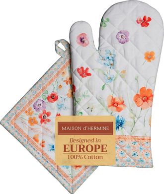 Maison d'Hermine Ofenhandschuh(19cm x 33cm) & Topflappen(20cm x 20cm) K&uuml;chenhandschuh aus 100% Baumwolle Topflappen, hitzebest&auml;ndig f&uuml;r Bankett, Summer Whisper - Fr&uuml;hl