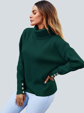 FS Collection Strickpullover Pulloveroberteil mit Knopfdetail am &Auml;rmel und hohem Halsausschnitt (Einheitsgr&ouml;&szlig;e: UK 8-14 / EU 36-44, 4 Farben : Schwarz, Beige, Waldg