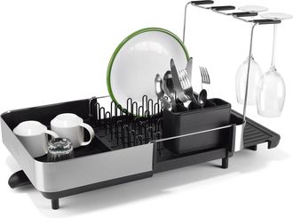 Joseph Joseph Extend Steel Plus Ausziehbares Abtropfgestell aus Stahl, kleines bis gro&szlig;es Abtropfgestell mit Weinglashalter und Ablaufauslauf, Schwarz