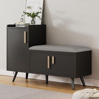 Merax Banc &agrave; chaussures avec assise, 3 portes de rangement, poign&eacute;es m&eacute;talliques asym&eacute;triques, noir, 100/34/69 cm