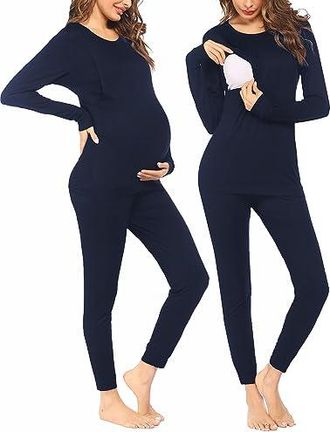 Ekouaer Pyjama Femme Grossesse Vêtements de Nuit Maternité Longue Chaud Ensembles de Pyjama Hiver pour Accouchement Hôpital, Bleu Marine, XL