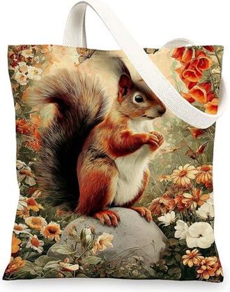 Generic Sac fourre-tout en toile motif &eacute;cureuil floral, respectueux de lenvironnement, r&eacute;utilisables, sacs d&eacute;picerie l&eacute;gers sur le th&egrave;me de la nature, sacs &agrave; 