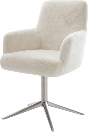 DELIFE Esszimmerstuhl Heira-Flex mit Armlehnen Fu&szlig;kreuz Edelstahl Pl&uuml;sch Creme-Wei&szlig; 360&deg; drehbar Wippfunktion Taschenfederkern