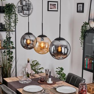 HOFSTEIN Hängeleuchte Gastor, 3-flammige Hängelampe aus Metall/Glas in Schwarz/Bernstein/Rauch, Vintage-Design (Ø 25cm), E27, Pendelleuchte höhenverstellbar ma