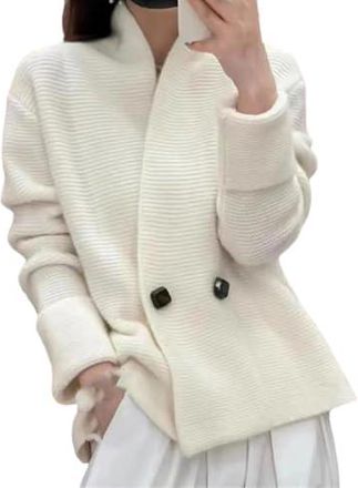 Generic Cardigan en laine pour femme avec col en V et manches longues, couleur unie, pull en tricot confortable classique, blanc, S