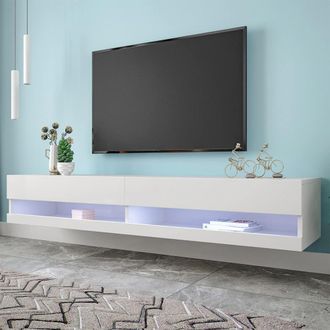 Generic TV Lowboard H&auml;ngend 140 cm Wei&szlig; Hochglanz LED Beleuchtung TV Schrank f&uuml;r Fernseher bis 60 Zoll Wandmontage Schwebeboard Modernes Sideboard MDF f&uuml;r Woh