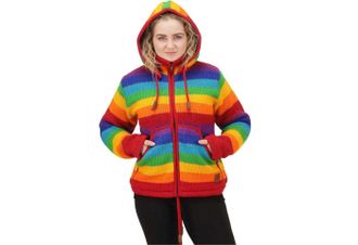 Kunst und Magie Kapuzenstrickjacke Damen Regenbogen Strickjacke Wolle +Fleecefutter&abnehmbarer Kapuze