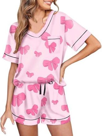 Generic Ensemble de pyjama en soie pour femmes pour la Saint-Valentin 2026 - Ensemble de pyjama pour caraco en satin, lingerie &agrave; col en V et short de voyage (