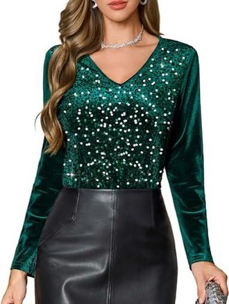 Dresstells Chemisier de f&ecirc;te &agrave; manches longues en velours &agrave; paillettes pour femme - Col en V - Pour Halloween, vert fonc&eacute;, Taille L