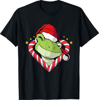monkä Weihnachtsfrosch mit Weihnachtsmütze T-Shirt, Unisex, Schwarz, S, Cartoon, Winter, Rollkragen, Kurzarm, Weihnachten, Party, T-Shirt