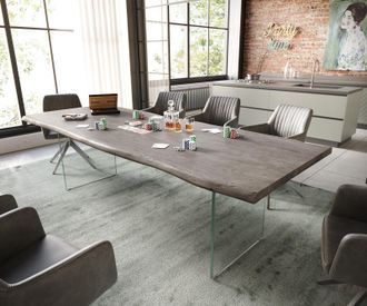 DELIFE Esstisch Edge 260x100 Akazie Platin Glas Live-Edge, Esstische, Baumkantenm&ouml;bel, Massivholzm&ouml;bel, Massivholz