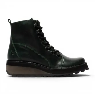 FLY London Womens Green Leather Schn&uuml;rstiefel - HAZI147