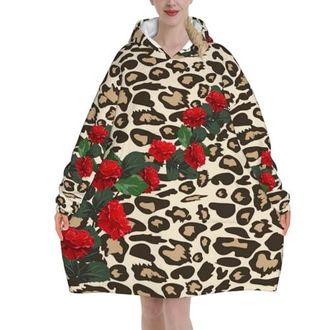 Generic Couverture &agrave; capuche portable avec imprim&eacute; l&eacute;opard et roses rouges - Couverture chaude en peluche pour adultes et adolescents