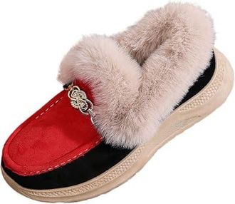Generic Bottes de neige dhiver pour femme avec cha&icirc;ne en m&eacute;tal - Mocassins plats confortables en fausse fourrure, Rouge, 39.5 EU