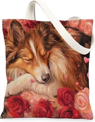 Generic Rough Collie Sac fourre-tout en toile r&eacute;utilisable pour le shopping 33 x 38 cm, motif roses romantiques pour la Saint-Valentin, sac d&eacute;picerie r&eacute;utilis