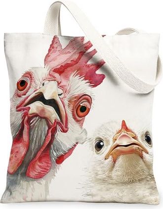 Generic Sacs fourre-tout vintage en toile motif poule et poussin, sacs d&eacute;picerie r&eacute;utilisables, l&eacute;gers et lavables avec bandouli&egrave;re, blanc, 13x15 Inch