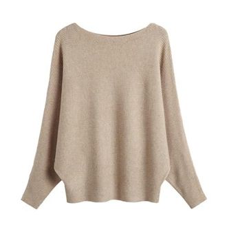 Generic Pull en tricot &agrave; manches chauve-souris et col bateau pour femme - Automne et hiver - Long pull chaud en tricot c&ocirc;tel&eacute;, kaki, Taille unique