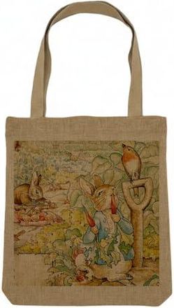 Fabulous Sac Shopping Tote Bag Aspect Lin - Petter Rabbit Pierre Lapin Jardin Illustration Enfant Beatrice Potter - Sac de Courses Toile Epaisse 360g Beige Nat