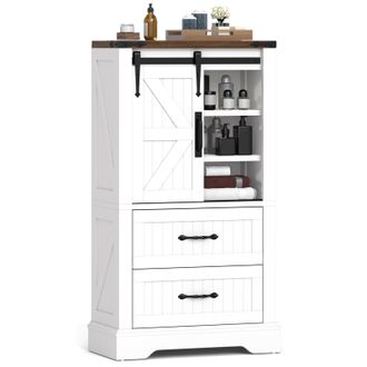 Giantex Freistehender Badezimmerschrank, Aufbewahrungsschrank mit Schiebetür, 2 Schubladen & verstellbare Einlegeböden, Lagerschrank im Scheunenstil, für Wohn