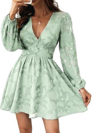 Cupshe Mini robe en dentelle à manches longues pour femme - Imprimé floral - Robe trapèze pour fête, vert clair, XL
