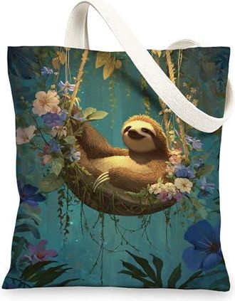 Generic Sac fourre-tout en toile motif paresseux floral, respectueux de lenvironnement, réutilisables, sacs à bandoulière légers inspirés de la nature 33 x 38