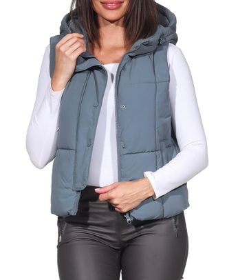 Jacqueline de Yong Damen Steppweste kurze Outdoorweste mit Kapuze JDYWonder Short 15354001 Stormy Weather XXL