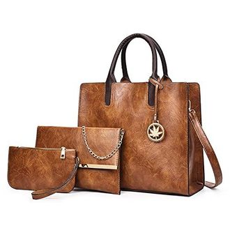 Generic Grand sac &agrave; main en cuir pour femme - Sac &agrave; bandouli&egrave;re - Poign&eacute;e sur le dessus - Avec pochette - Lot de 3, marron, Large