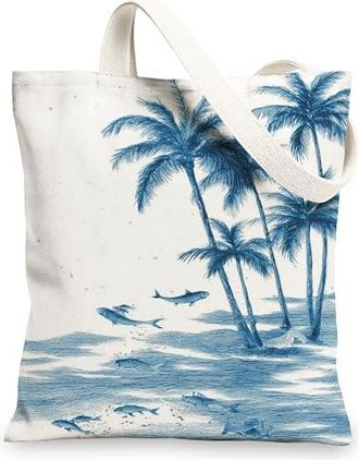 Generic Sacs fourre-tout en toile tropicale, motif vagues de locéan, sacs dépicerie réutilisables, légers et lavables avec bandoulière, bleu, 13x15 Inch