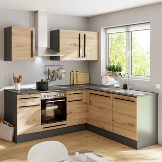 Casa home24 Eck-K&uuml;chenzeile 220cm Braun/Eiche Artisan Dekor mit Elektroger&auml;ten