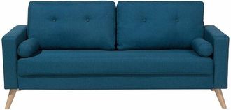 Beliani 2-Sitzer Sofa Seeblau Stoffbezug mit Schmalen Armlehnen 2 Nackenrollen Helle Holzbeine Knopfheftung Lose Rückenkissen Freistellbar Wohnzimmer