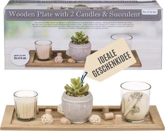 Out of the Blue Dekotablett Holz Natur - Maße ca. 36 × 14 cm - Deko-Set mit Kerzen im Glas, Sukkulente & Holzdeko - Natürliche Tischdeko & Geschenkidee für Wohnzimmer