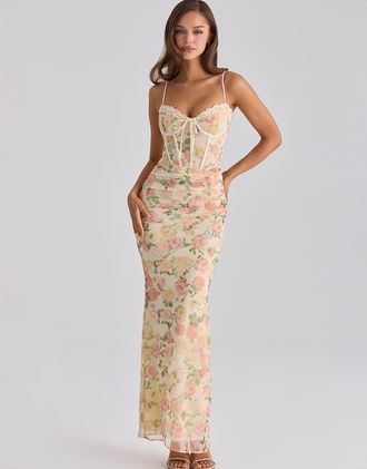 House of CB Calista - Robe longue en tulle &agrave; imprim&eacute; fleurs - P&ecirc;che-Blanc