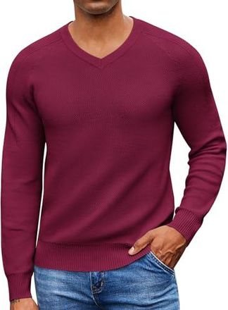 Coofandy Pull &agrave; col en V et Manches Longues pour Homme en Maille Fine Basique Rouge L