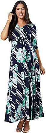 Happy Mama Femme Aérée Robe Maxi Maternité dallaitement. Manches 3/4 608p (Fleurs Bleu Marine et Vertes, 36, S)
