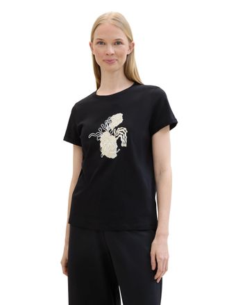 Tom Tailor Damen Basic T-Shirt mit Blumen-Print, deep black, XL