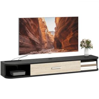 HOMCOM Meuble TV Suspendu - HOMCOM - Jusqu&agrave; 50 Pouces - Porte Rabattable, 2 &Eacute;tag&egrave;res Ouvertes et Passe-c&acirc;bles - Bois - 120x26x16cm - Noir