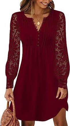 Minetom Dentelle Robe Femmes Élégante Col V Mini Robe de Vacances Plage Soirée Fête Casual Tunique Shirt Robe A Rouge XS