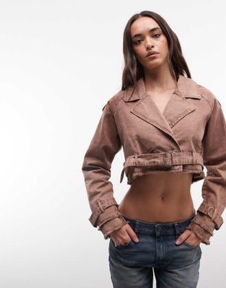 Liquor & Poker Blouson style motard court en jean &agrave; d&eacute;tail boucle de ceinture - Beige fonc&eacute; d&eacute;lav&eacute;-Neutral