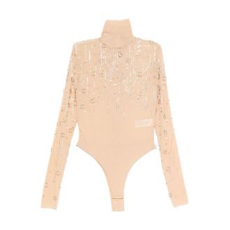 Patrizia Pepe Femme, Tops, Beige, Taille: 36 FR Body &agrave; Col Montant Orn&eacute; de Perles