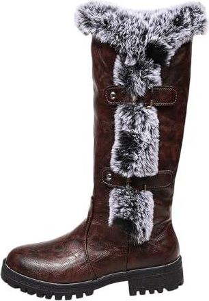 Generic Bottes dHiver Femme Cuir &Agrave; Bout Rond Talon Bas Bottes Mi-Mollet De Neige Fausse Fourrure Boucle R&eacute;tro &Eacute;l&eacute;gantes Semelle Antid&eacute;rapante Chic Chaussures 