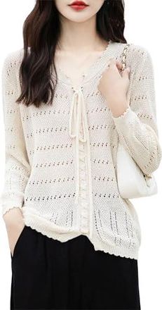 Generic Pull pour femme 100 % coton avec col en dentelle ajour&eacute; avec corde, pull fin tricot&eacute; chaud, Beige, XL