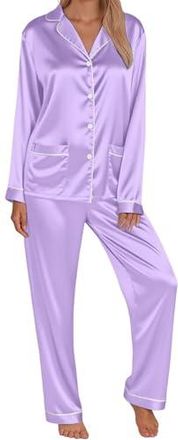 Generic Pyjama de Noël assorti à manches longues en satin de soie - Coupe ample et confortable - Chemise boutonnée et pantalon de pyjama, violet clair, XXL
