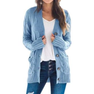 Generic Cardigan dautomne d&eacute;contract&eacute; &agrave; manches longues boutonn&eacute; sur le devant pour femme, cardigan ample &agrave; boutons avec poches, bleu, 5XL