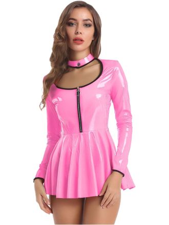 TiaoBug Damen Wetlook Lack Leder Kleid Langarm Stehkragen Minikleider mit Aushöhl Ausschnitt Reißverschluss Slim Fit Bodycon Body mit Faltenrock Rosa XL