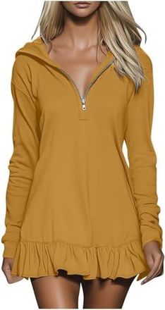 Generic Mini robe chandail &agrave; capuche avec fermeture &eacute;clair quart de col en V pour femme, style r&eacute;tro, surdimensionn&eacute;, ourlet &agrave; volants, tendance, d&eacute;contract&eacute;,